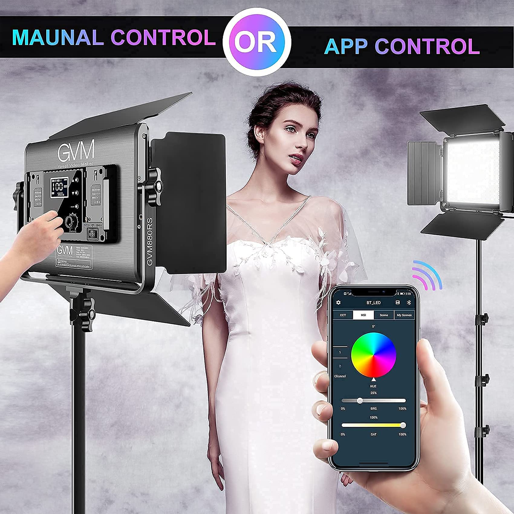 GVM RGB Photography Lighting Kits with 2 Softboxes, 880RS 60W Studio Lights with Bluetooth Control, 2 Packs Video Light with 18 Lighting Scenes, led Panel Lights for Video Recording, 8330lux/0.5M