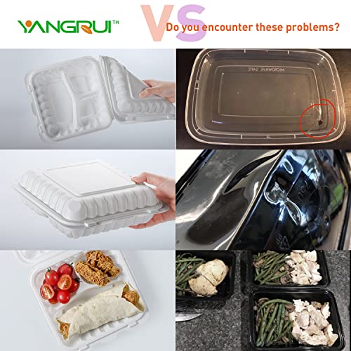 YANGRUI Clamshell Food Containers, 100 Pack Large Capacity 9 Inch 41 OZ Clean Film Package Meal Prep Container BPA Free Microwave Freezer Safe 3 Compartments Plastic To Go Containers