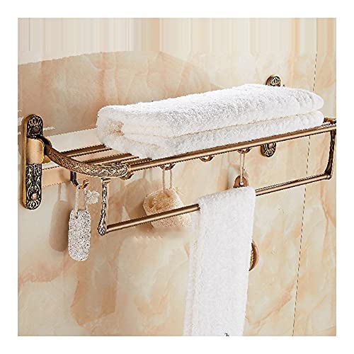 Mostwhip Bathroom Rack Towel Rail Rack Aluminum Foldable Antique Brass Bath Towel Rack, Bathroom Towel Holder, Double Towel Shelf with Hooks Bathroom Accessories for Kitchen Bathroom Decor, 50cm