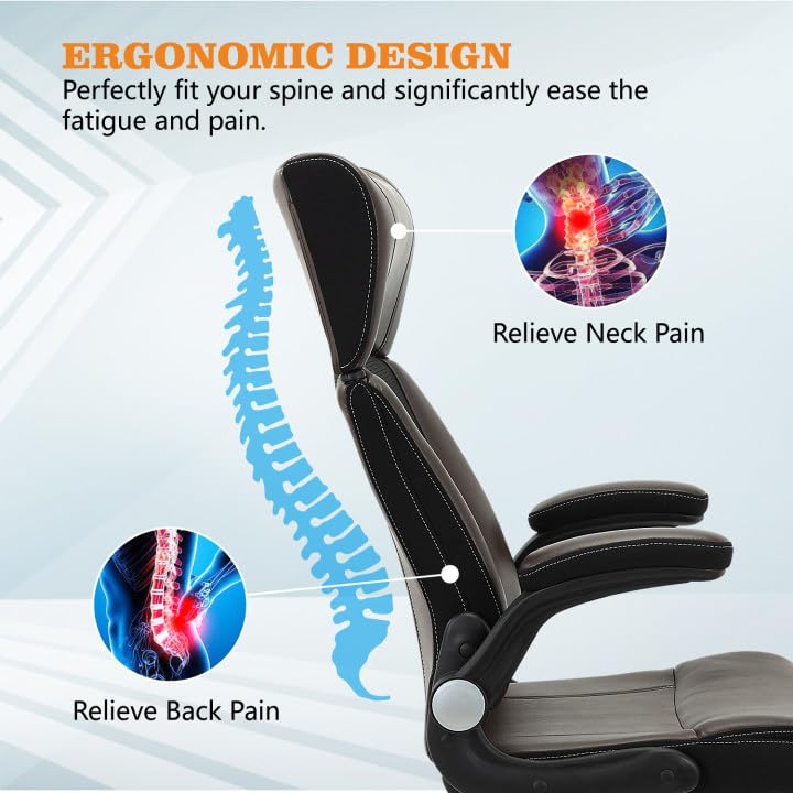 Executive Office Chair, Home Office Ergonomic Leather Desk Chair - Widened Adjustable Headrest with Flip-Up Arms, High Back Computer Swivel Task Chair with Lumbar Support (Brown)