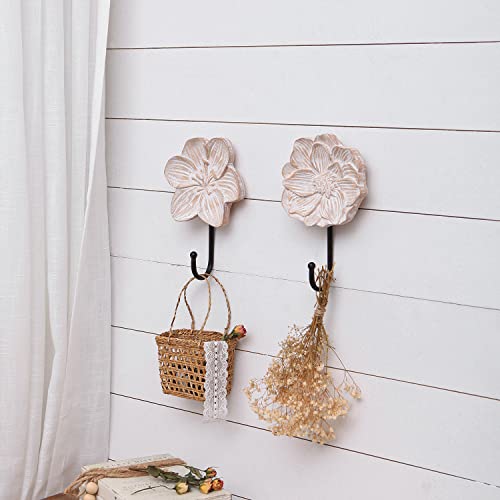 SOFFEE DESIGN Set of 2 Single Hooks 3D Flower Wood Carving Retro Style for Room Wall Decoration, Coat Hat Scarf Hanging Hanger Entry Heavy Hooks Home Decor
