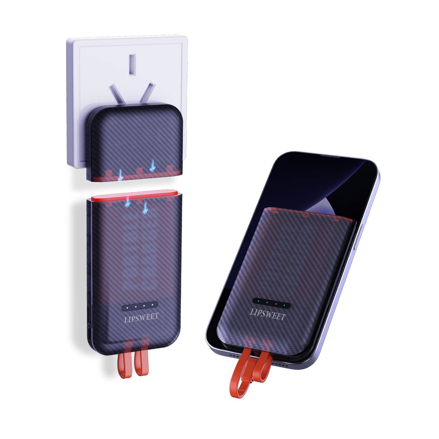 LIPSWEET Separate Portable Charger,20w USB C Fast Charging Power Bank, 5 Output 2 Input External Battery Pack for Travel with Built-in Cable AC Wall Plug Compatible with iPhone Android Phone Tablet