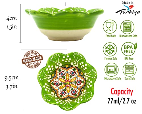HeraCraft 6pcs Daisy Shaped Evil Eye Hand-Painted Ceramic Snack Bowls 3.74''/9.5cm-77ml/2.7 oz Decorative Nazar Design Multi-Purpose Cute Set - Pinch Sauce Dipping Finger Small Serving Bowls
