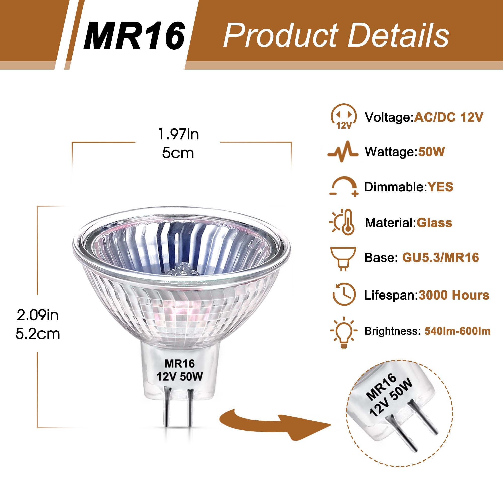 MR16 Halogen Bulb 50W, 6 Pack 12V MR16 Light Bulbs GU5.3 Base, Dimmable Spotlight 2800K Warm White with Clear Glass Cover, MR16 2 Pin Halogen Lamps for Landscape, Track Lights, Range Hood Lights
