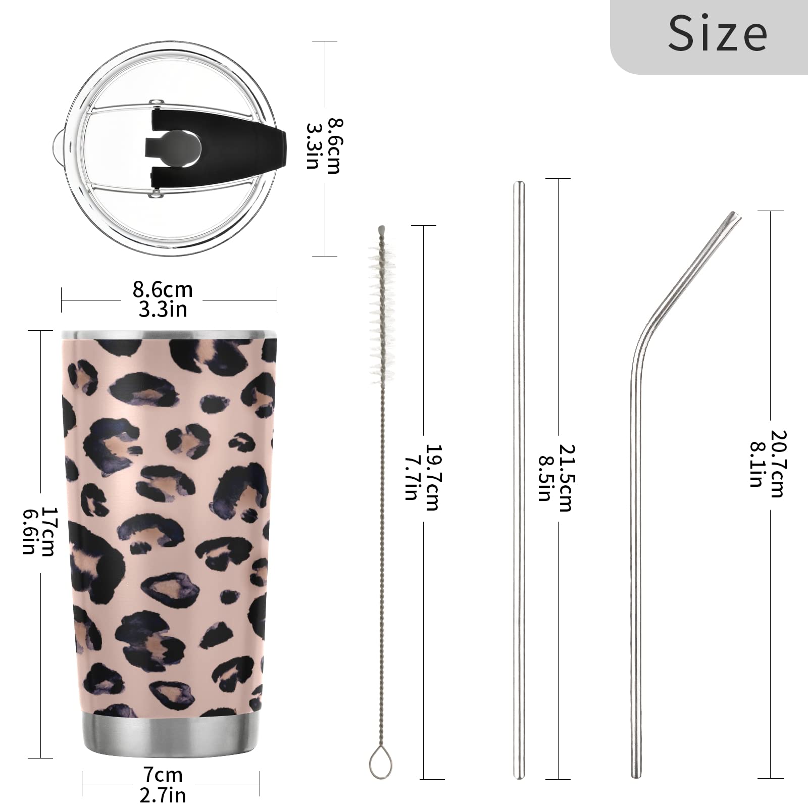 Leopard Print Cheetah Pink Insulated Tumbler Cup with Straw Lid Vacuum Reusable Stainless Steel Water Bottle Coffee Travel Mug 20oz