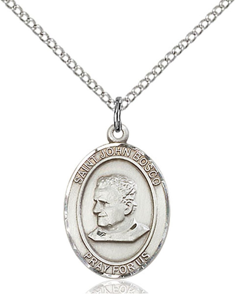 F A Dumont Sterling Silver St. John Bosco Pendant with 18" Stainless Steel Lite Curb Chain. Patron Saint of Students/Apprentices