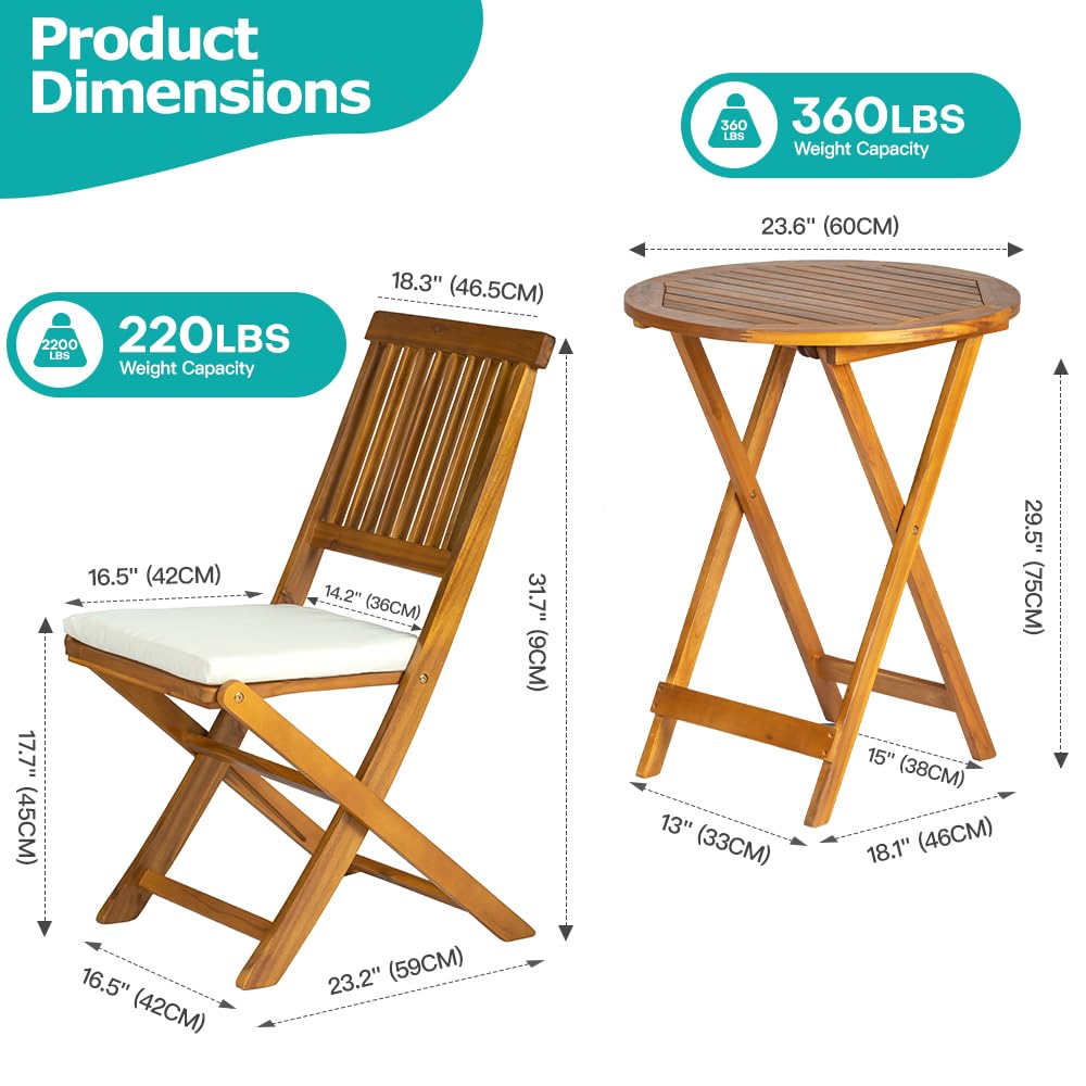 Panana 3PCS Patio Bistro Set Acacia Wood Folding Table Chairs with Cushions Foldable Patio Furniture Set for Outdoor Garden Deck Yard (Round)