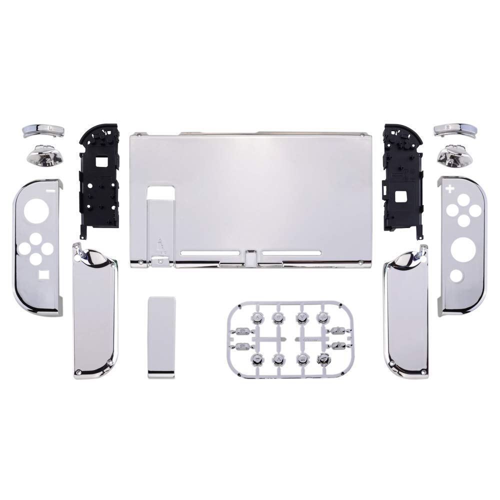 eXtremeRate DIY Replacement Shell Buttons for Nintendo Switch, Back Plate for Switch Console, Housing with Full Set Buttons for Joycon Handheld Controller - Chrome Silver [No Electronics Parts]