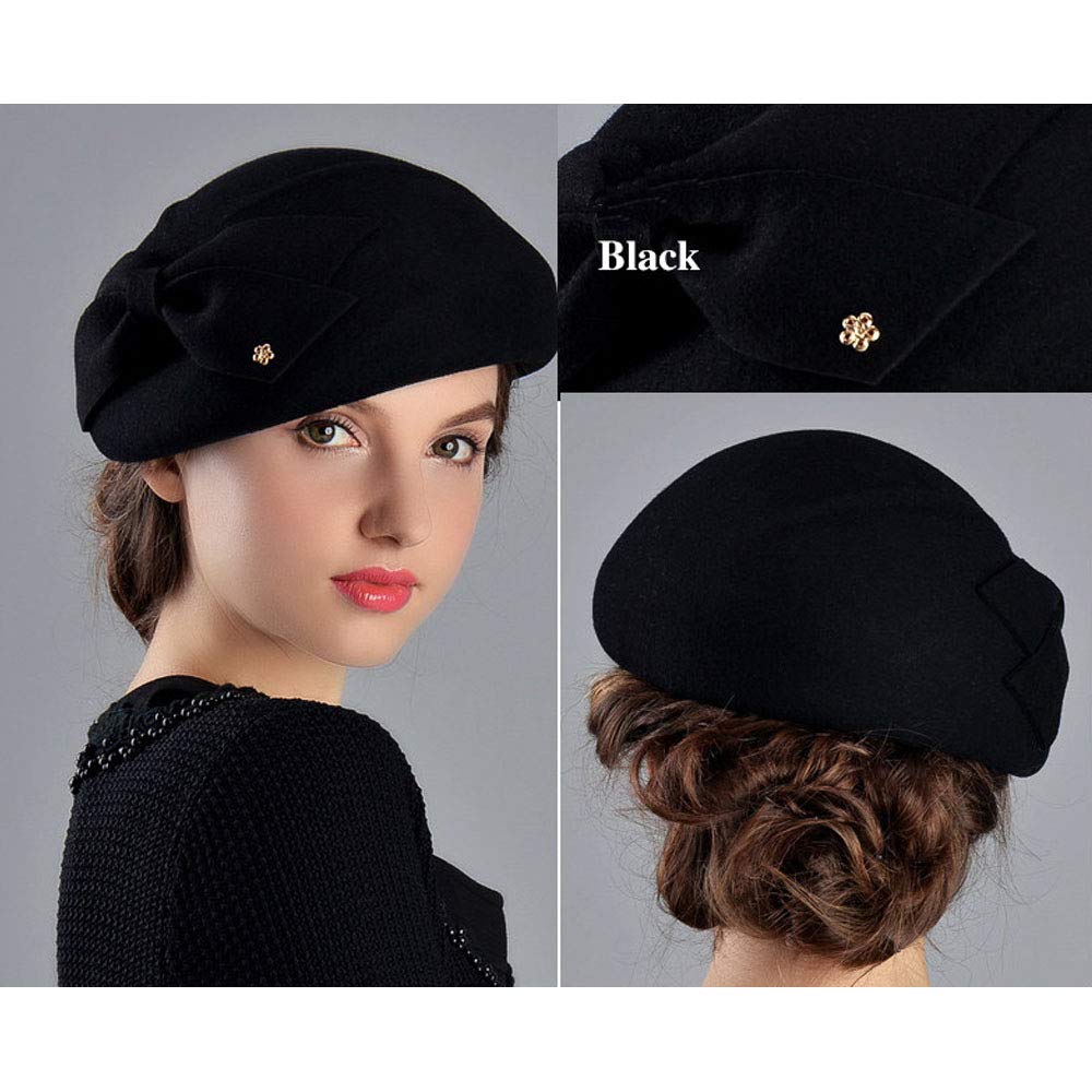 F FADVES Womens Wool Felt French Berets Bowler Hat Artist Boina Bowknot Cap Navy