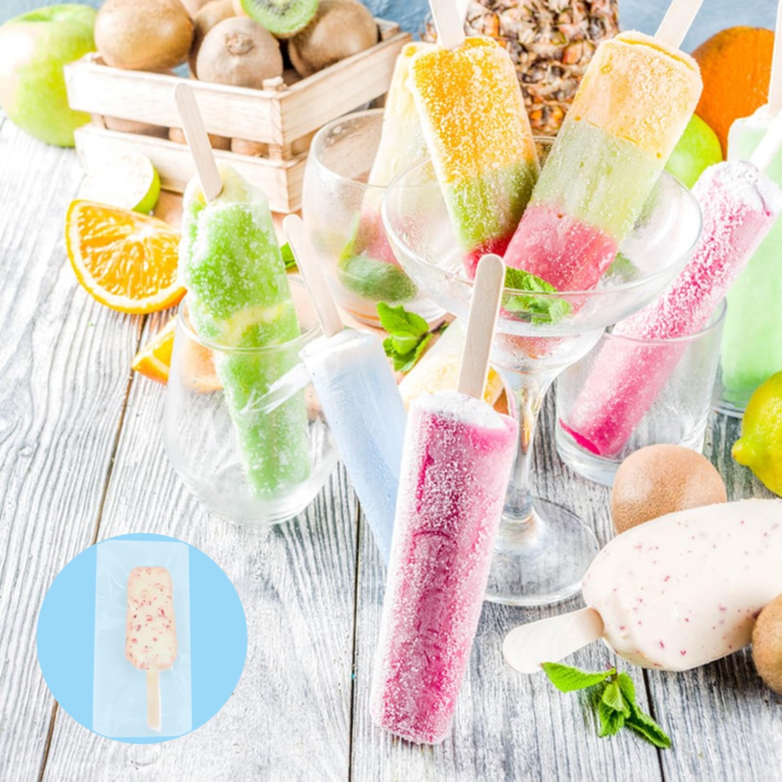 MSLOVE 400Pcs Popsicle Bags Sealable, Ice Cream Bags For Ice Pop, Self-adhesive Plastic Wrappers, 8.27in x 3.15in