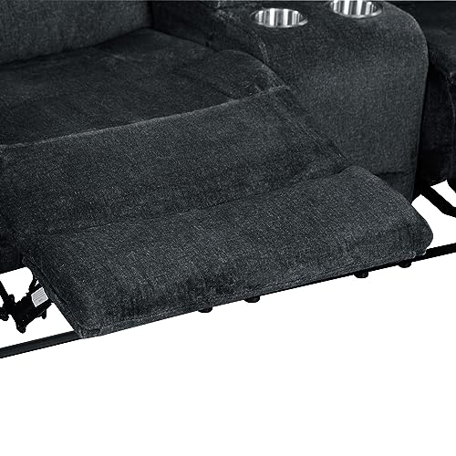 Home Theater Seating Manual Reclining Sofa with Hide-Away Storage, Cup Holders, 2 USB Ports, 2 Power Sockets for Living Room, Bedroom, Dark Blue