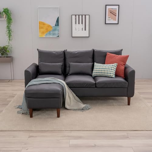 Panana Convertible Sectional Sofa Couch, 2 and 3 Seat L Shaped Sofa with Armrest Small Couch Ottoman for Living Room, Apartment and Office (Track Arms, 3 Seats with Ottoman)