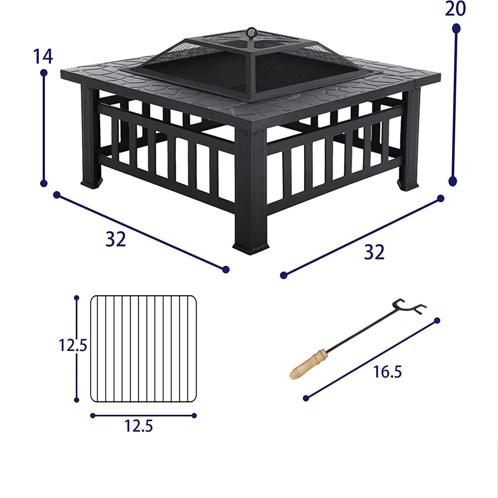 Fire Pit 32'' Wood Burning Firepit Metal Square Outdoor Fire Tables Steelfire Pit Bowl with Spark Screen Cover, Poker Log Grate for Patio Bonfire Camping Backyard Garden Picnic