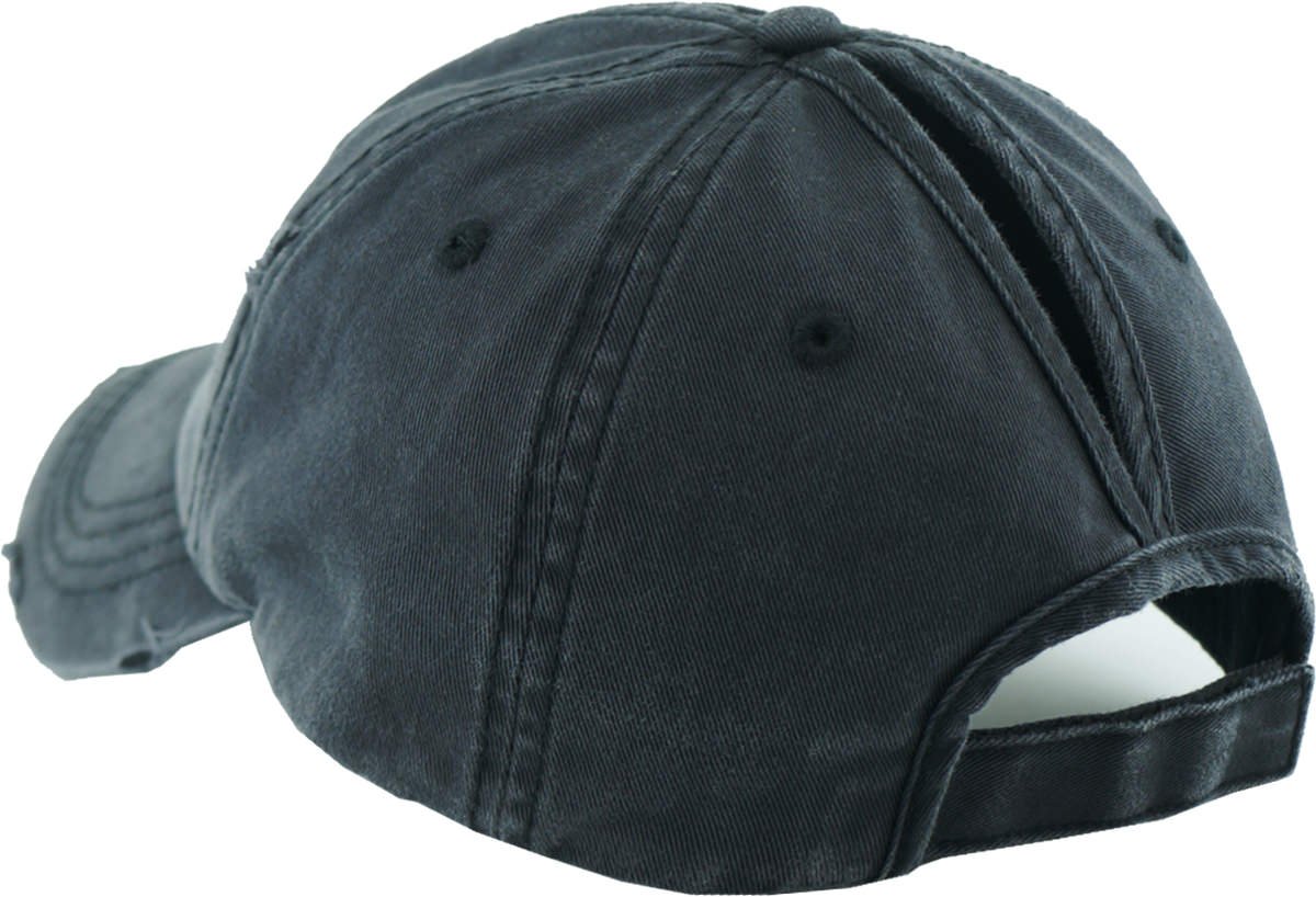 Distressed Trucker Washed Dad Hat Messy Bun Baseball Pony Cap - Black