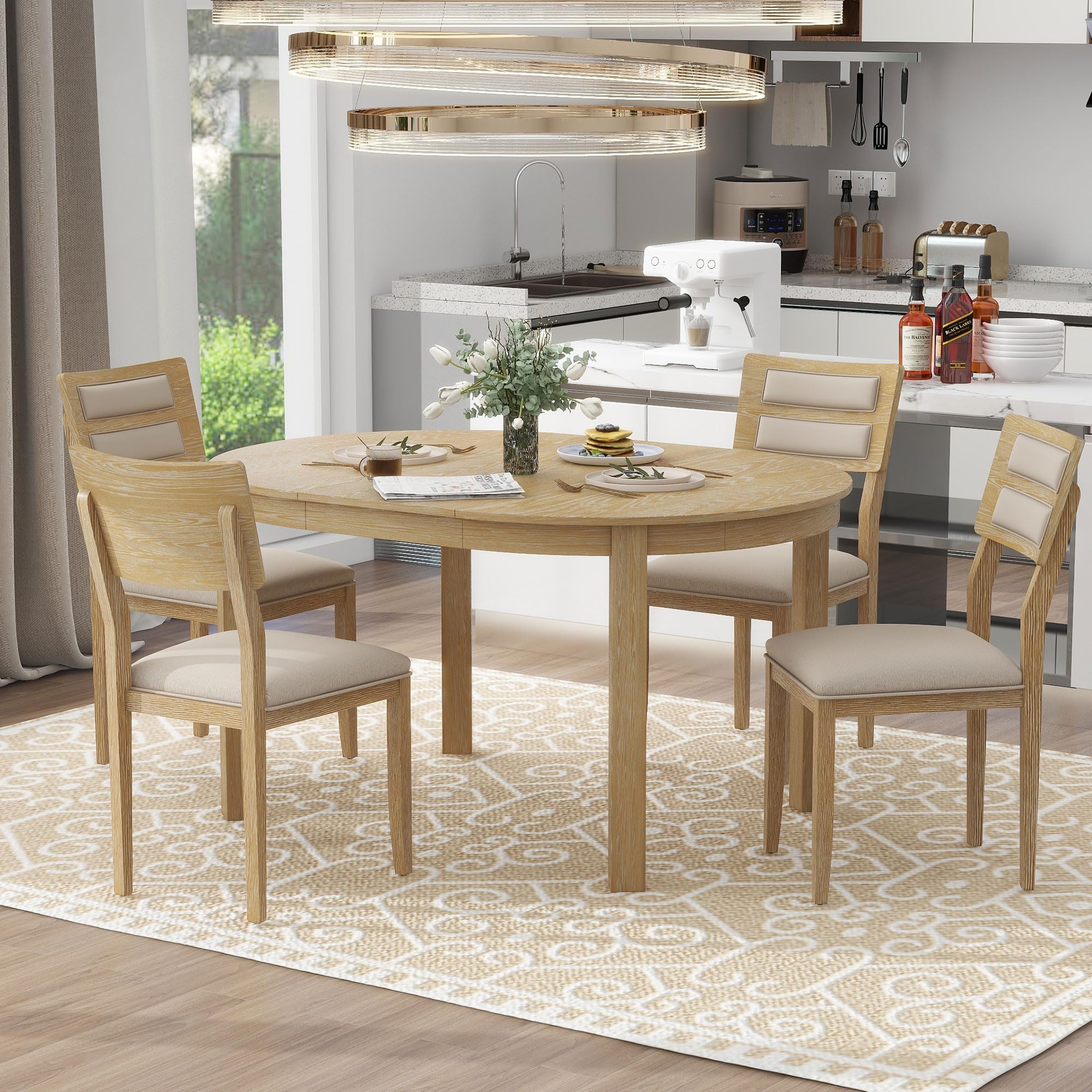 Merax Farmhouse Wooden Dining Set of 5, 56 inch Extendable Kitchen Table with Two Drawers, 4 Chairs with Backrest, Easy Assemble Black