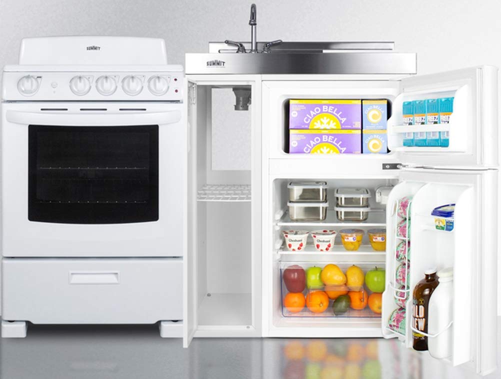 Summit Appliance ACK54COILW 54" Wide All-in-One Kitchenette with 220V 4-Element Electric Coil Range, Refrigerator-Freezer, Sink, Cutting Board and Cutlery Storage, and a Storage Cabinet