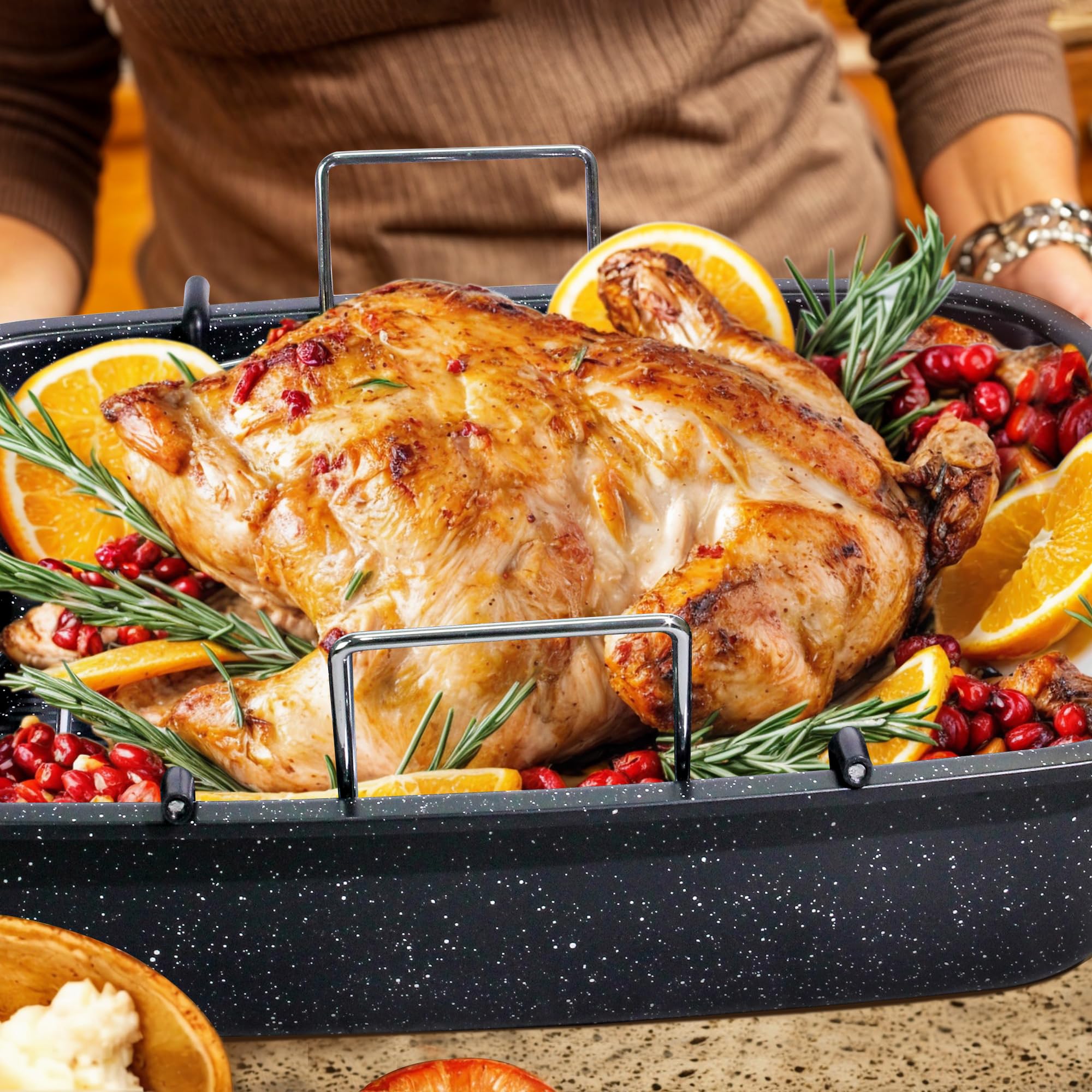 RavisingRidge Roasting Pan with Rack, 17 x 13 Inch Nonstick Turkey Roaster with Steel Handles β Ideal for Ovens, Lasagna, Meat & Vegetables, Perfect for Thanksgiving & Christmas (Black)