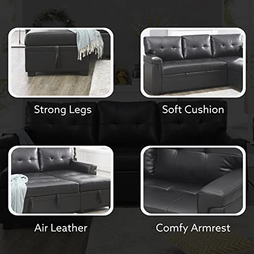 Perry Modern Sectional Sleeper Sofa with Pull Out Bed, Reversible Sleeper Sectional Sofa Bed, Best Sleeper Sofa Couch with 168L Storage, L-Shape Pull Out Couch Bed Sleeper Sofa - Black,Air Leather
