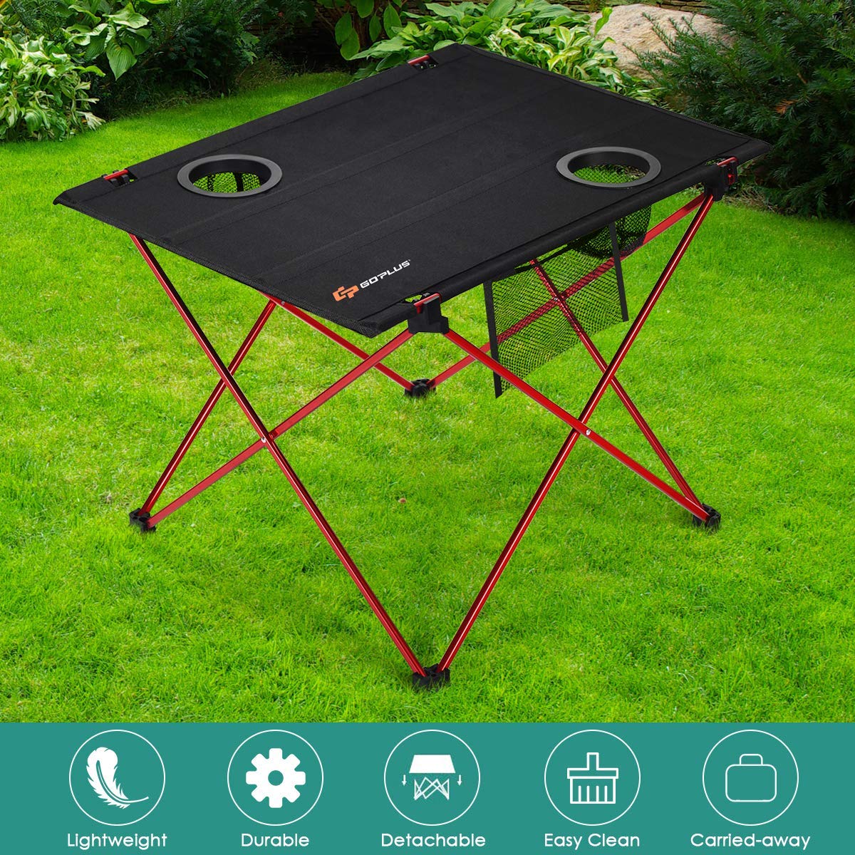 Goplus Portable Camping Table, Lightweight Folding Table with Cup Holders and Carrying Bag, Aluminum Picnic Table Suitable for Camping, Picnic, Outdoor, BBQ, Home