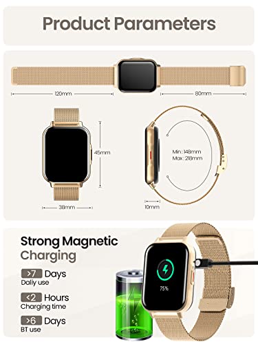 Smart Watches for Women (Answer/Make Call), Bluetooth Smartwatch for Android Phones and iPhone, Waterproof Fitness Tracker with Text, Heart Rate, Blood Oxygen, Sleep Monitor (Gold)