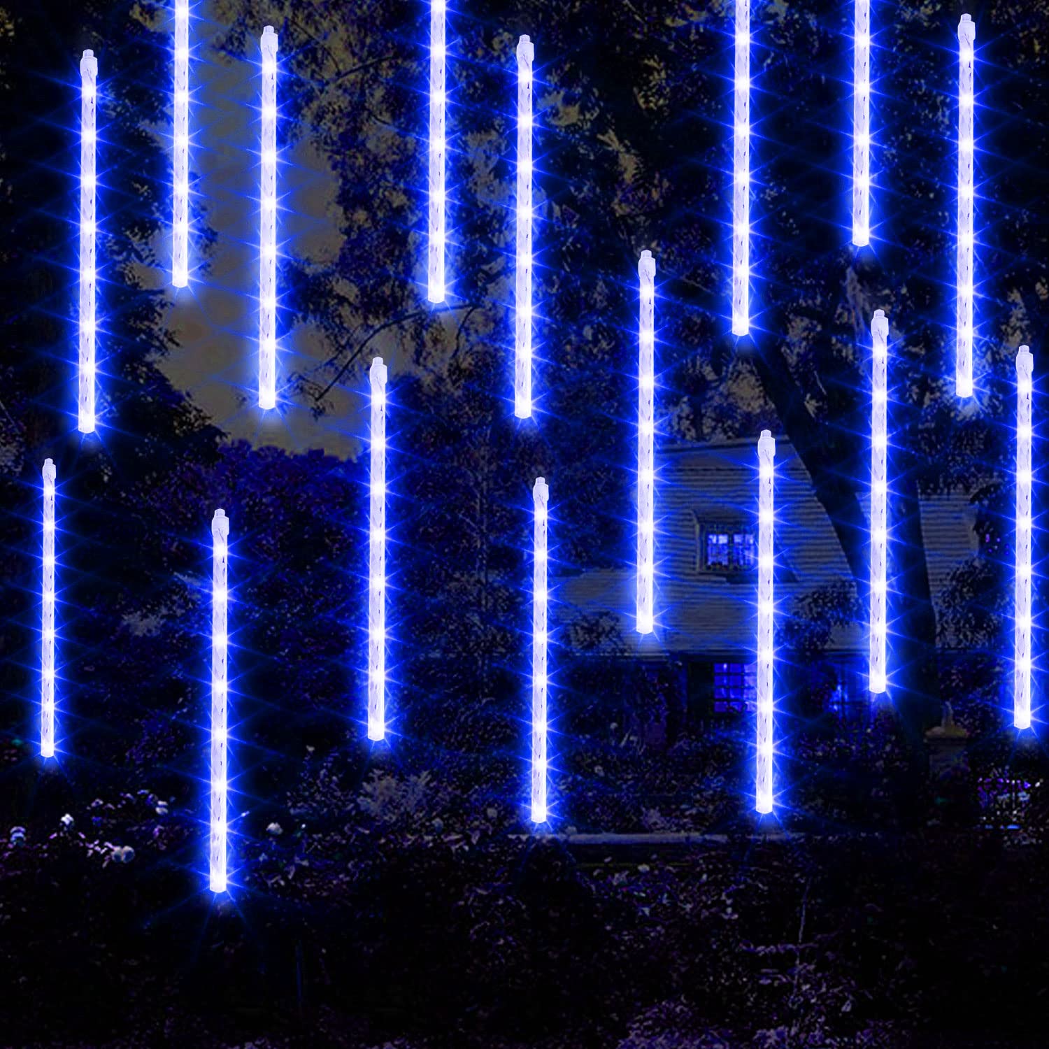 FUNPENY Meteor Shower Rain Lights, 288 LED Christmas Lights Icicle Snow Falling Christmas Lights Outdoor Raindrop Lights, 30cm 8 Tubes Xmas Tree Holiday Decoration (Blue)