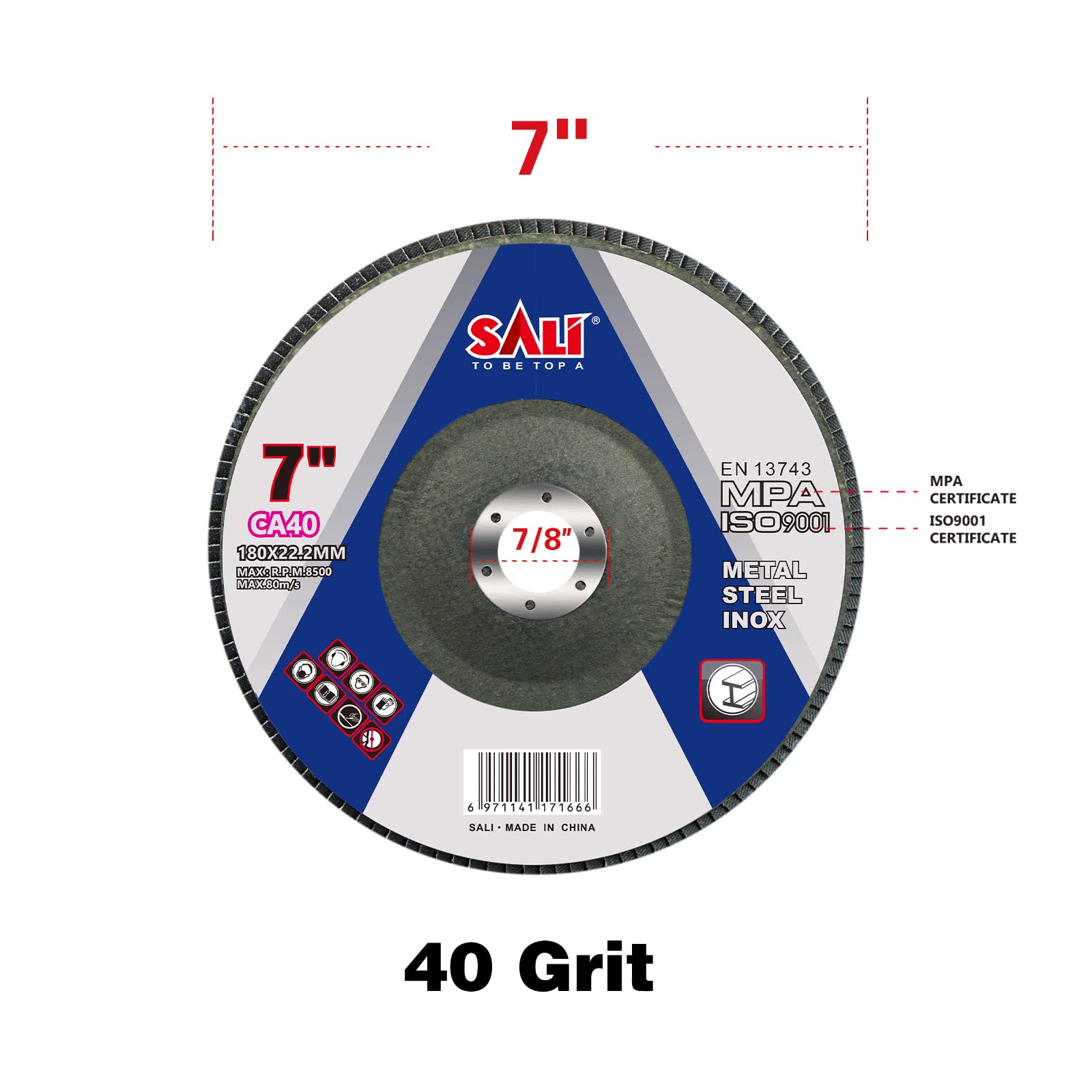 Sali 10 Pack Flap Disc 40 Grit 7" x 7/8-Inch Sanding Disc Bevel Type #29 Premium and Industrial Grade Angle Grinder Grinding Wheel High Performance Edge Grinding