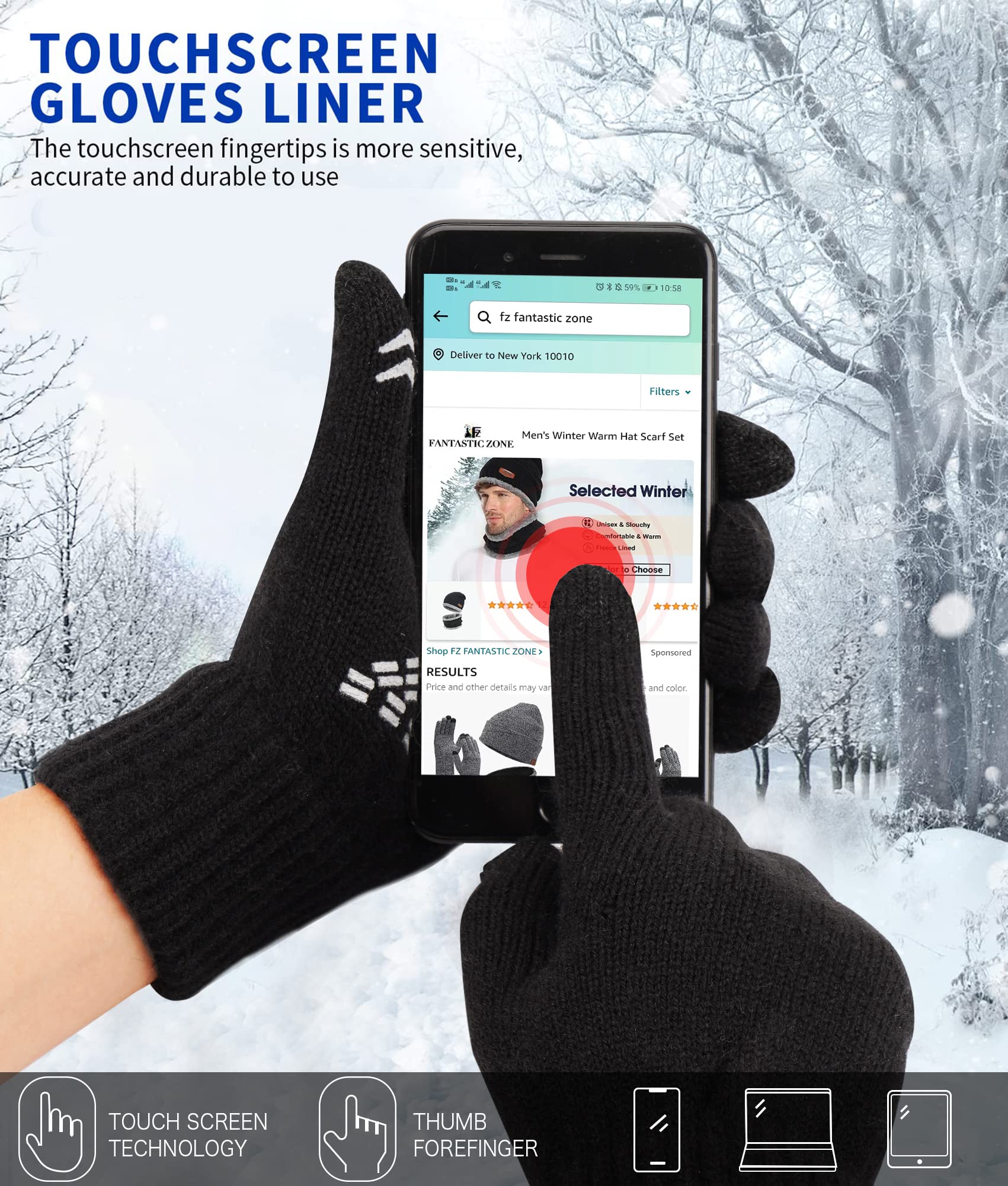 FZ FANTASTIC ZONE Mens Winter Gloves Warm Thermal Soft Wool Knit Touchscreen Gloves for Women