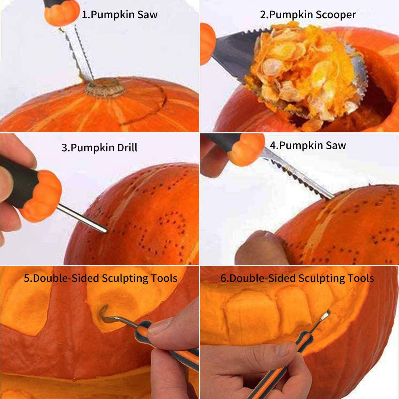 Pumpkin Carving Kit for Adults & Kids, With Professional Comfortable Handle Stainless Steel Carving Knife Set, Detail Sculpting Tools, Pumpkin Patterns, LED Light Candles, For Halloween Decoration