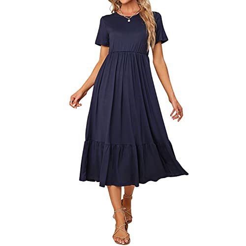 Summer Maxi Dresses for Women 2023, Casual Short Sleeve Crewneck Flowy Long Dresses Tiered Swing Beach Dress with Pockets(Navy, S)