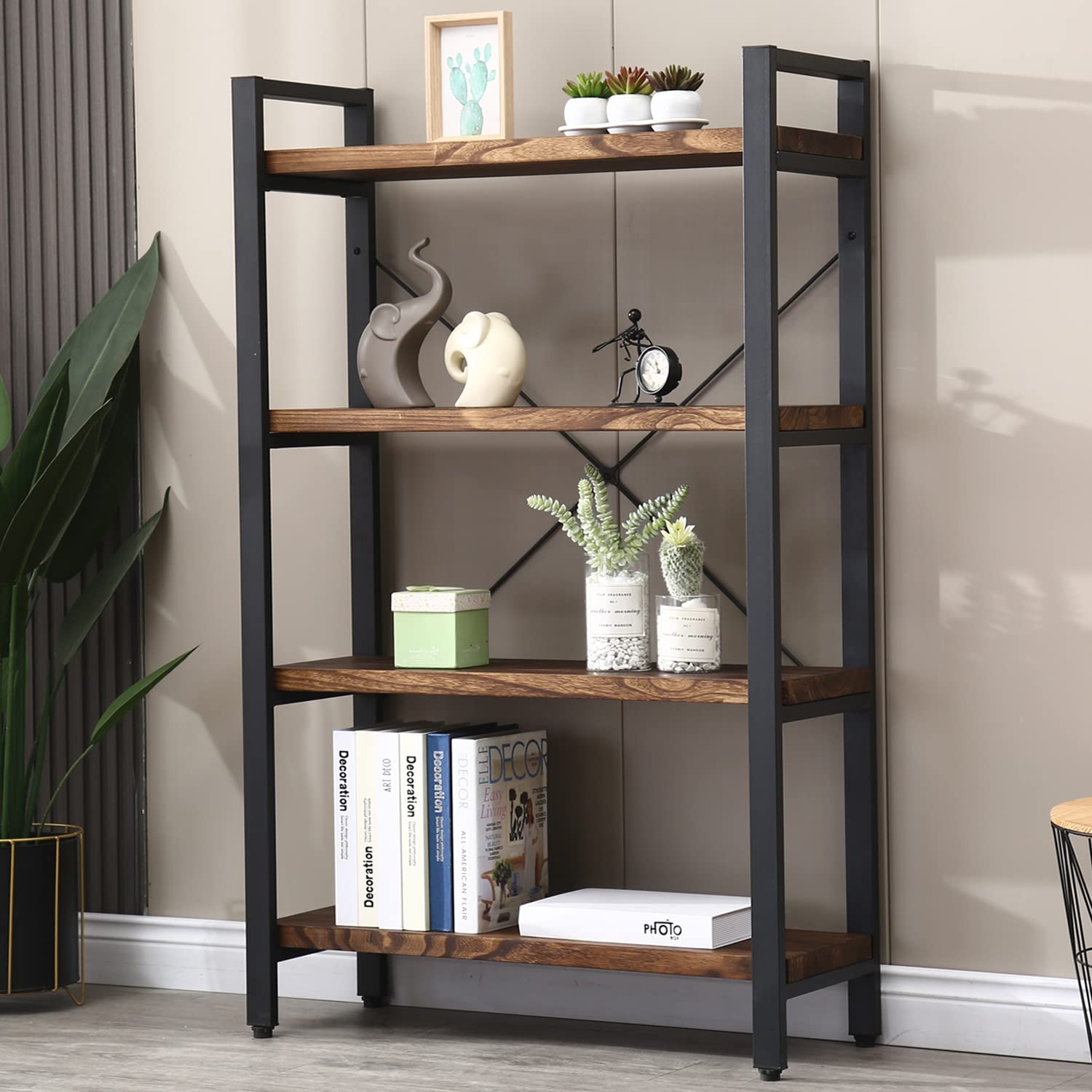 WH-AOERPUMY Solid Wood Bookshelf,4 Tier Rustic Vintage Industrial Etagere Bookcase, Open Metal and Wood Vintage Book Shelf, Retro Brown (Real Wood)(4-Tier)