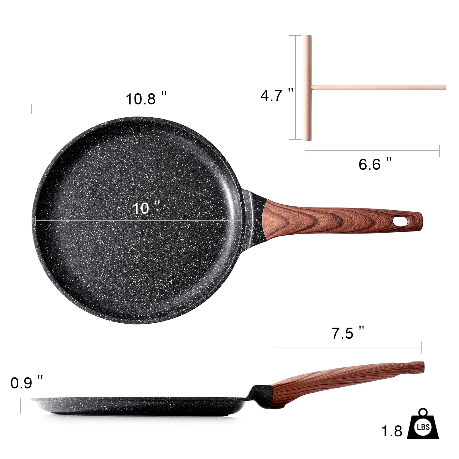 Kordisen Crepe Pan Nonstick, 10 Inch Dosa Pan with Spreader, Granite Coating Comales Para Tortillas Pancake Pan, Flat Pan for Stove Top, Induction Compatible, PFOA Free