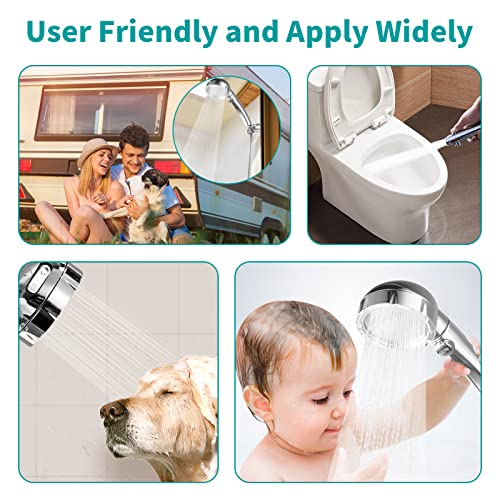 MIAOHUI Modern Handheld Shower Head with On Off Switch, High Pressure Shower Head with Handheld, 3 Spray Settings Removable Shower Head with Hose, Angle Adjustable Shower Bracket, Teflon Tape (Chrome)