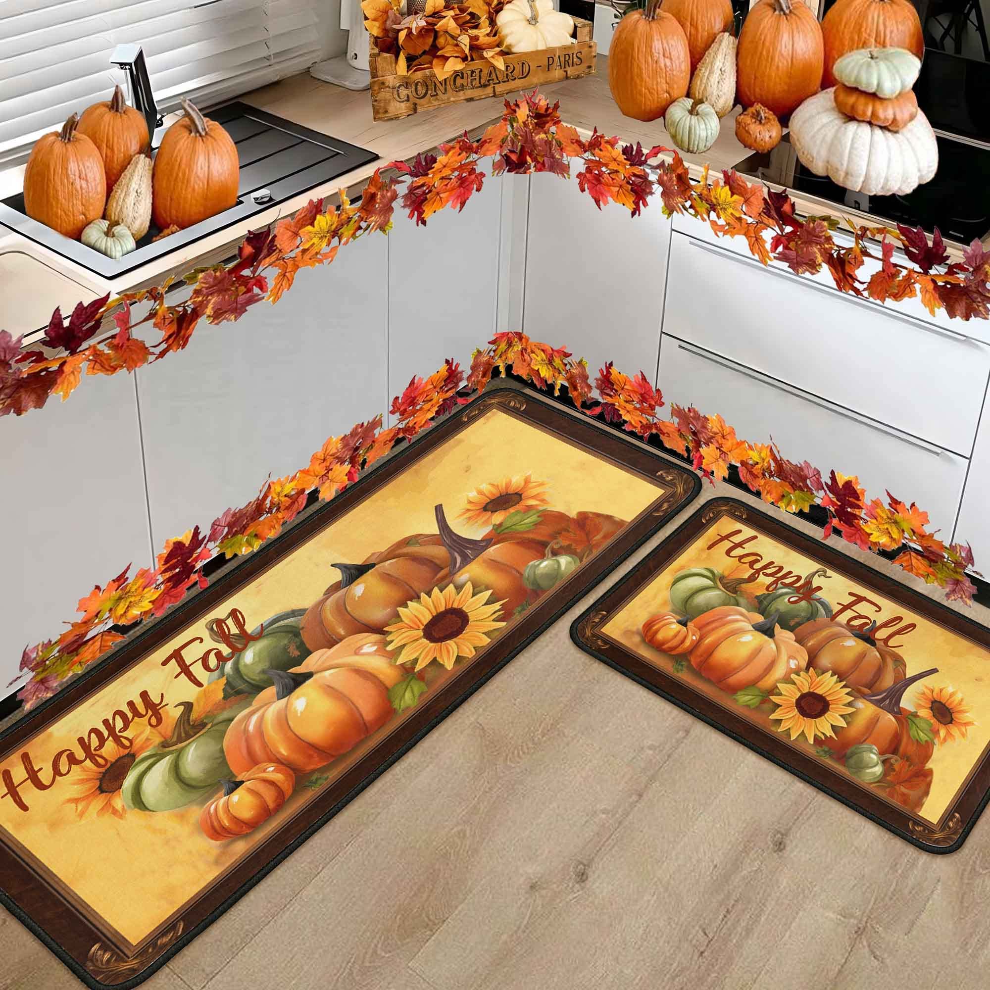 Happy Fall Pumpkin Decorative Kitchen Rugs Set of 2,Non Skid Washable, Home Seasonal Fall Holiday Party Autumn Harvest Thanksgiving Kitchen Mat 17"x47"+17"x30"