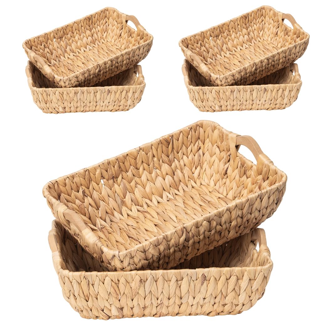 Small Wicker Basket, Storage Basket with Built-in Handles, Handmade Water Hyacinth Wicker Baskets for Organizing, Woven Storage Baskets for Shelves, 6 Pack