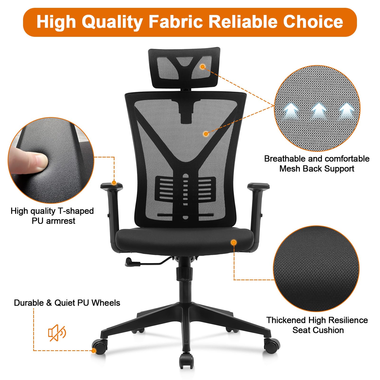 Ergonomic Mesh Office Chair, Home Office Desk Chairs with Adjustable Lumbar Support, 2D Headrest, 135 °Tilt Function, Computer Chair with Thicken Cushion, Swivel Executive Task Chair for Home,350lb