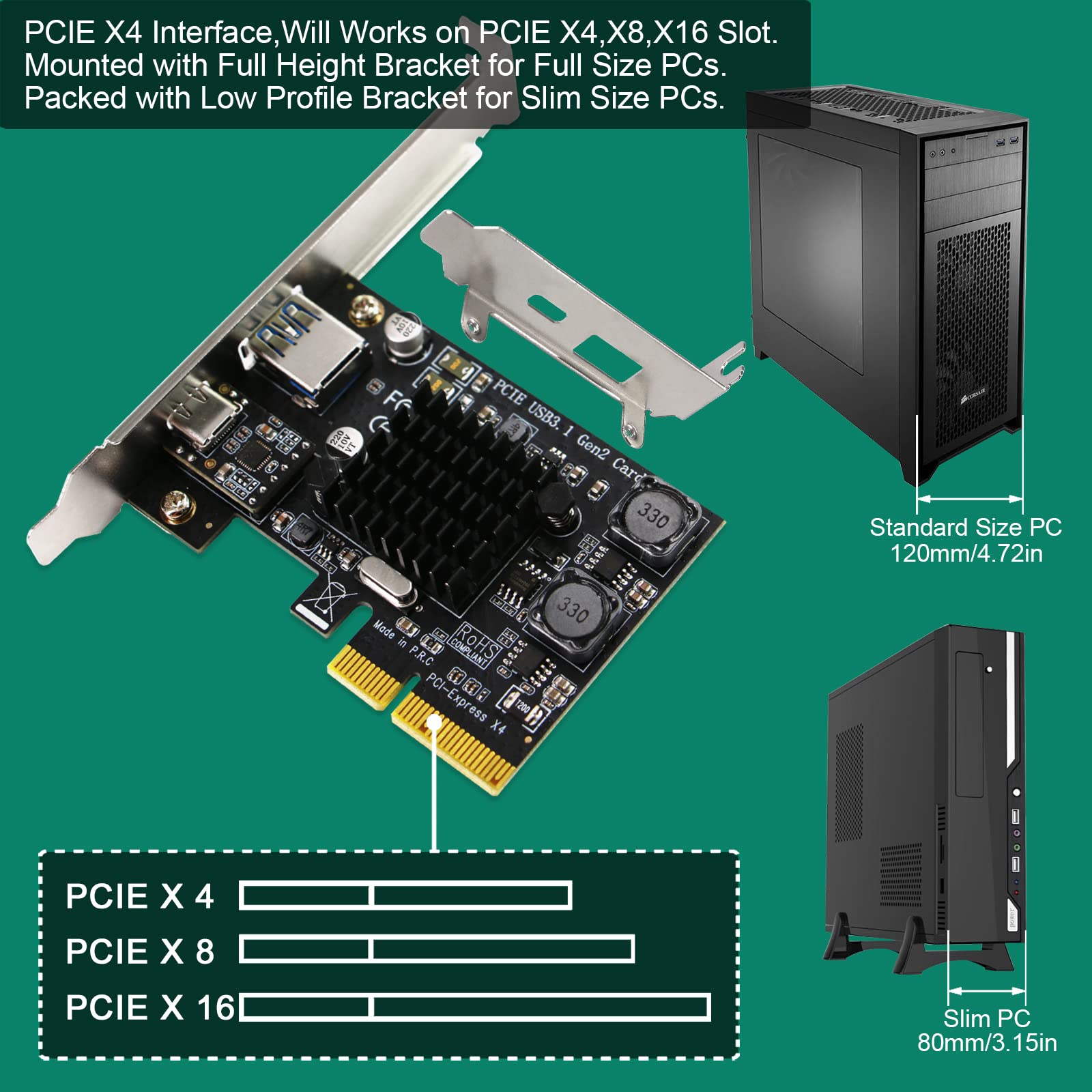 FebSmart 1X USB-A & 1X USB-C 10Gbps Ports PCIE USB 3.1 GEN2 Expansion Card for Windows 11, 10, 8.x, 7 (32/64bit), Windows Server, MAC OS and Linux PCs, Built in Self-Powered Technology (FS-AC-Pro)