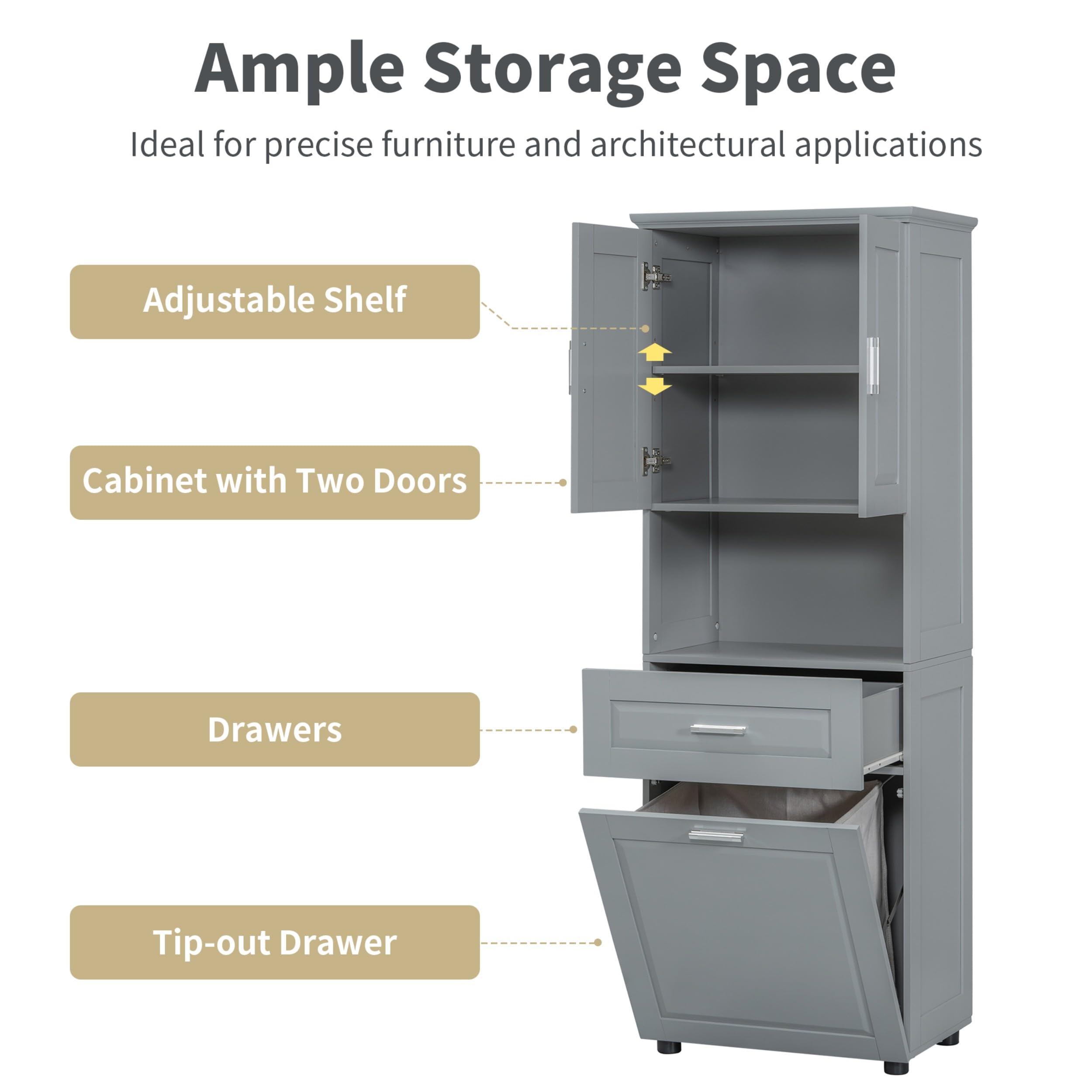 RCCFBHM Modern Bathroom High Bathroom Cabinet with Tilting Laundry Hamper with Double Door Storage and 1 Drawer, Open Storage Cabinet for Bathroom, Living Room.
