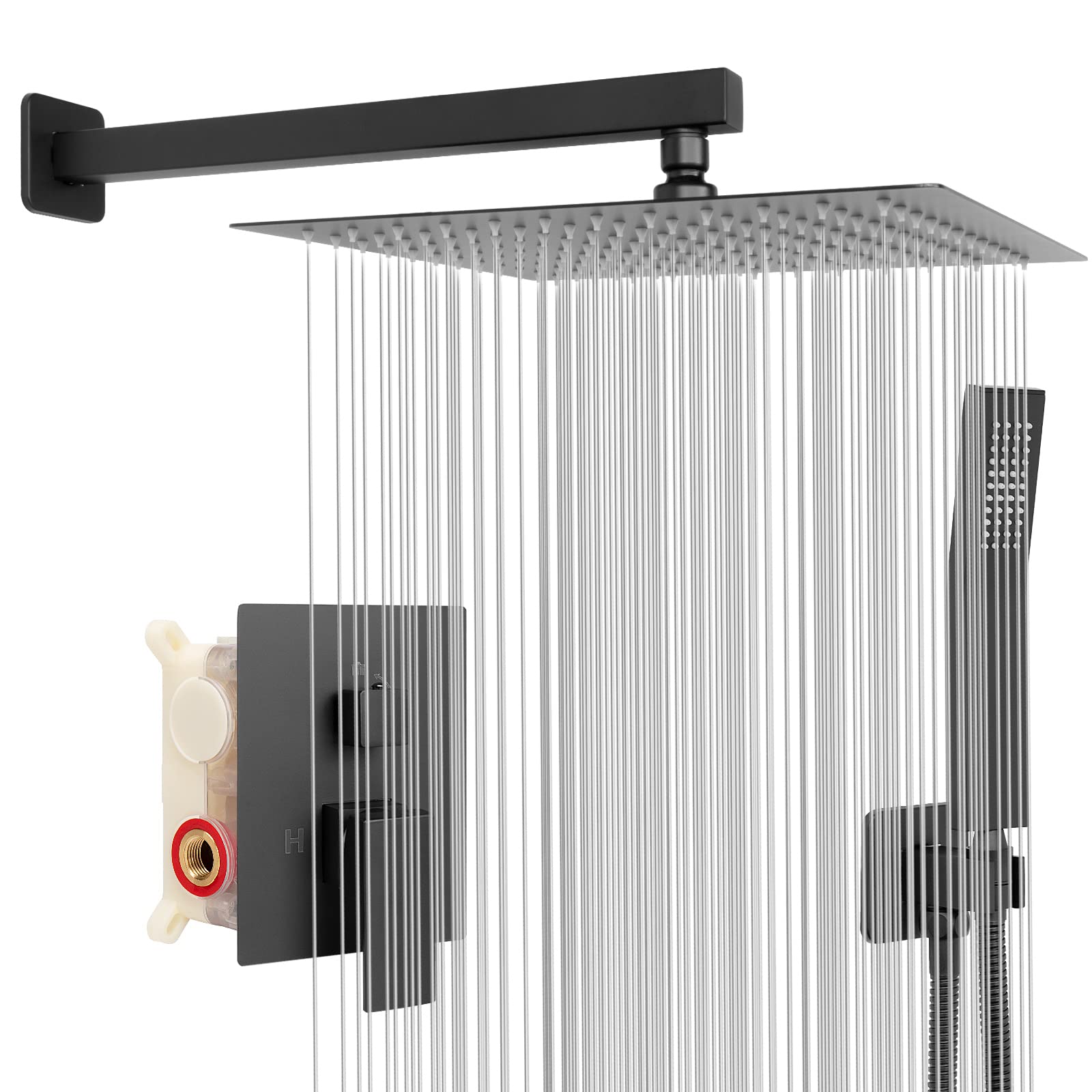 HarJue Shower Head with Extension Arm, High Pressure 12 Inch Square Shower Head with Handheld Shower Faucets Combo Set, Luxury Shower Balance Valve and Trim Kit (Shower System, Matte Black)