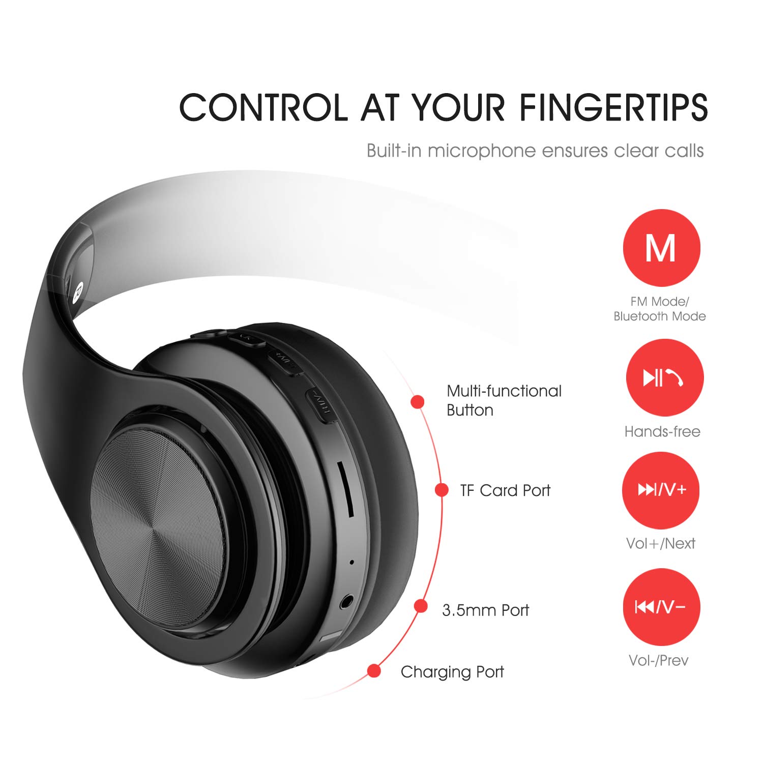 Funwaretech Wireless Bluetooth Headphones Over Ear with Mic,Noise Cancelling Headphones Bluetooth 5.0, Foldable Hi-Fi Stereo Wireless Headphones,Soft Memory-Protein Earmuffs for Travel/Work, Black