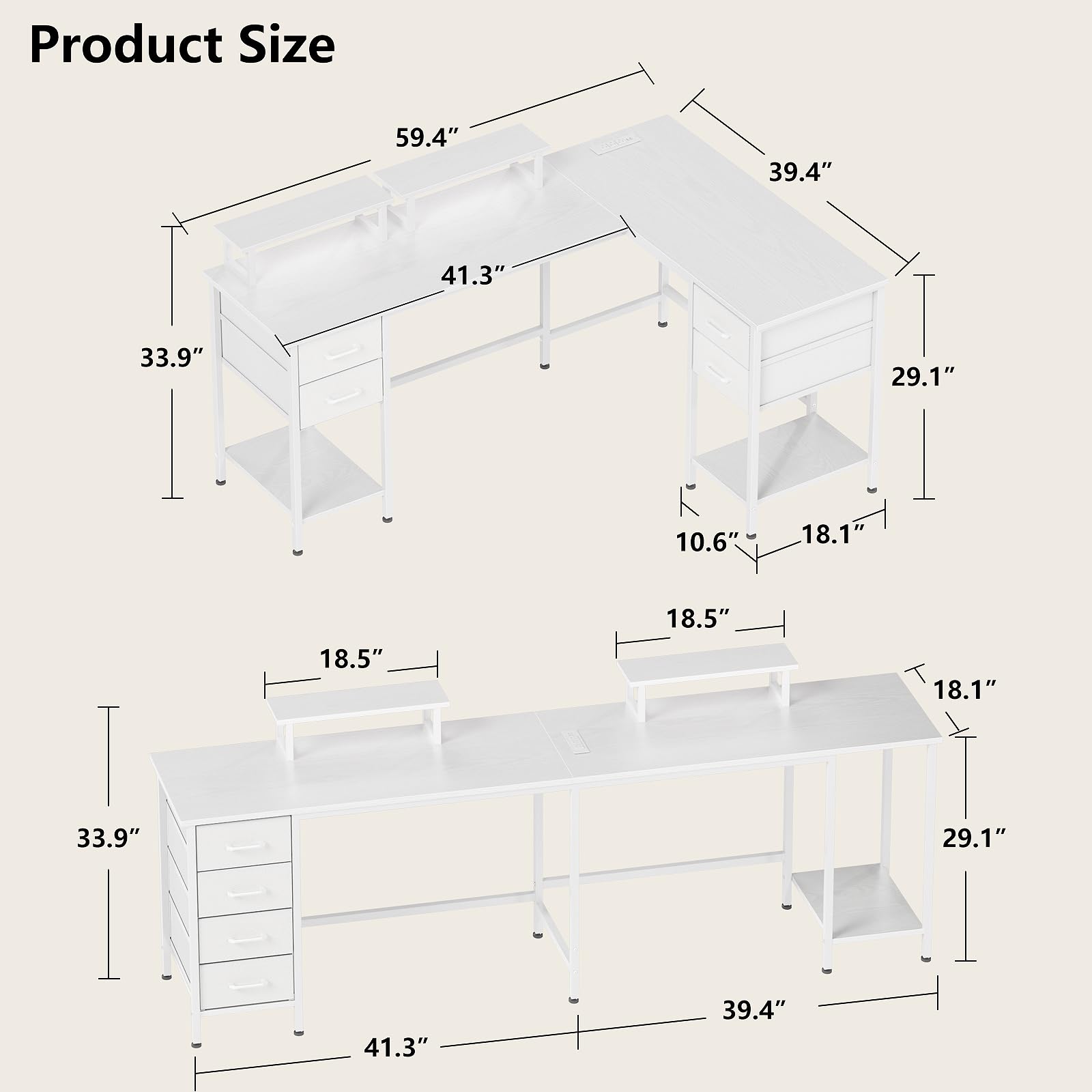 Korfile L Shaped Computer Desk with Power Outlets, Home Office Desk with 4 Adjustable Storage Drawers, Corner Desk with 2 Monitor Stands, Two Person Gaming Desk for Bedroom, 59 inch, White
