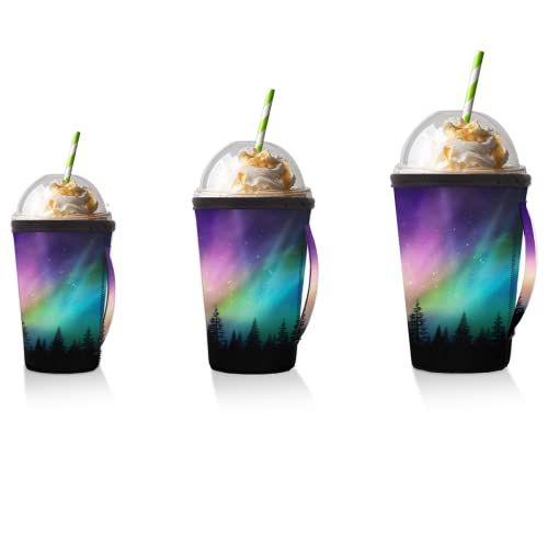 Reusable Iced Coffee Sleeve with Handle Northern lights aurora Insulator Neoprene Cup Sleeve for Cold Drinks Beverages, Men Women Beverages Sleeve Coffee Sleeve Holder 30-32oz