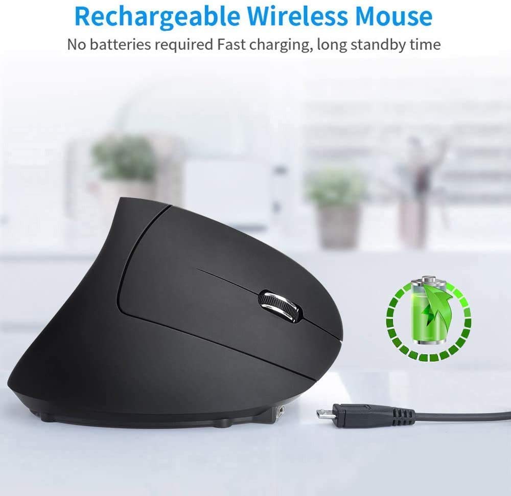 Ergonomic Mouse, Vertical Wireless Mouse - Rechargeable 2.4G Wireless Vertical Ergonomic Optical Mouse 3 Adjustable DPI 800/1200/1600 Levels 6 Buttons, for Laptop, Desktop, PC, MacBook (Black)