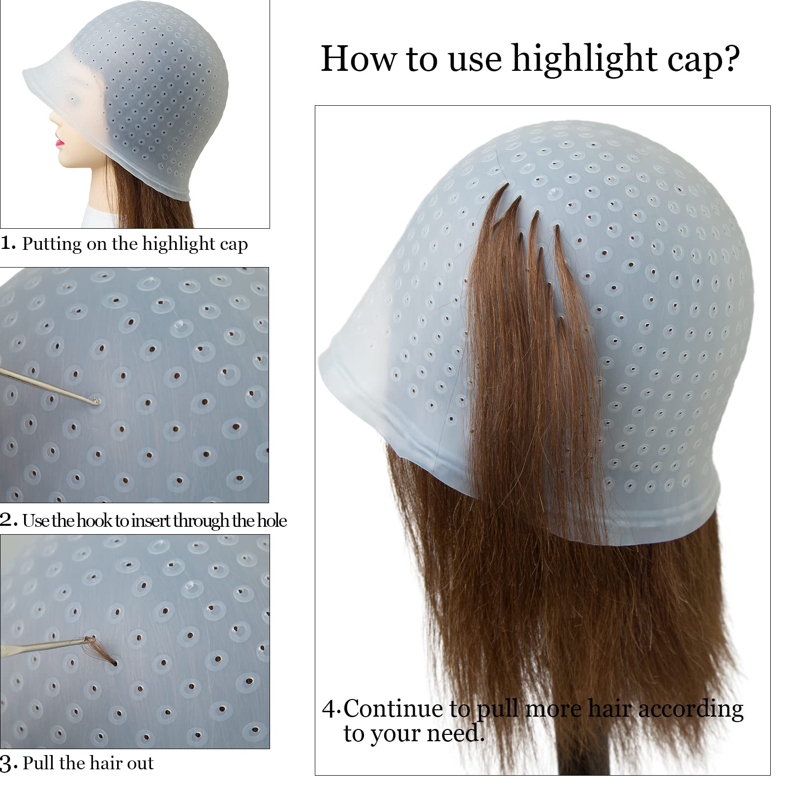 Punched Silicone Highlight Hair Cap with Needle Professional Reusable Highlighting Poked Hole Caps with Hooks for Color Hair Salon Hairdressing Dyeing Staining Tools for Women Men