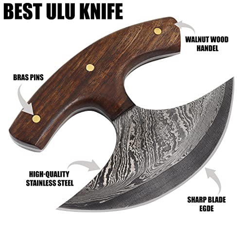 Hercules Knives Custom San Mai Damascus Steel Traditional Alaskan Ulu Knife Multi-Purpose Pizza Cutter, Vegetable Chopping, Boning Slicing Cutting Walnut Handle Leather Sheath (UL-05)