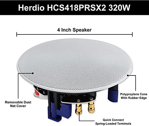 Herdio 320 Watts 2 Way Flush Mount Ceiling Speakers 4 Inches Perfect for Bathroom, Kitchen,Living Room,Office 4 Speakers