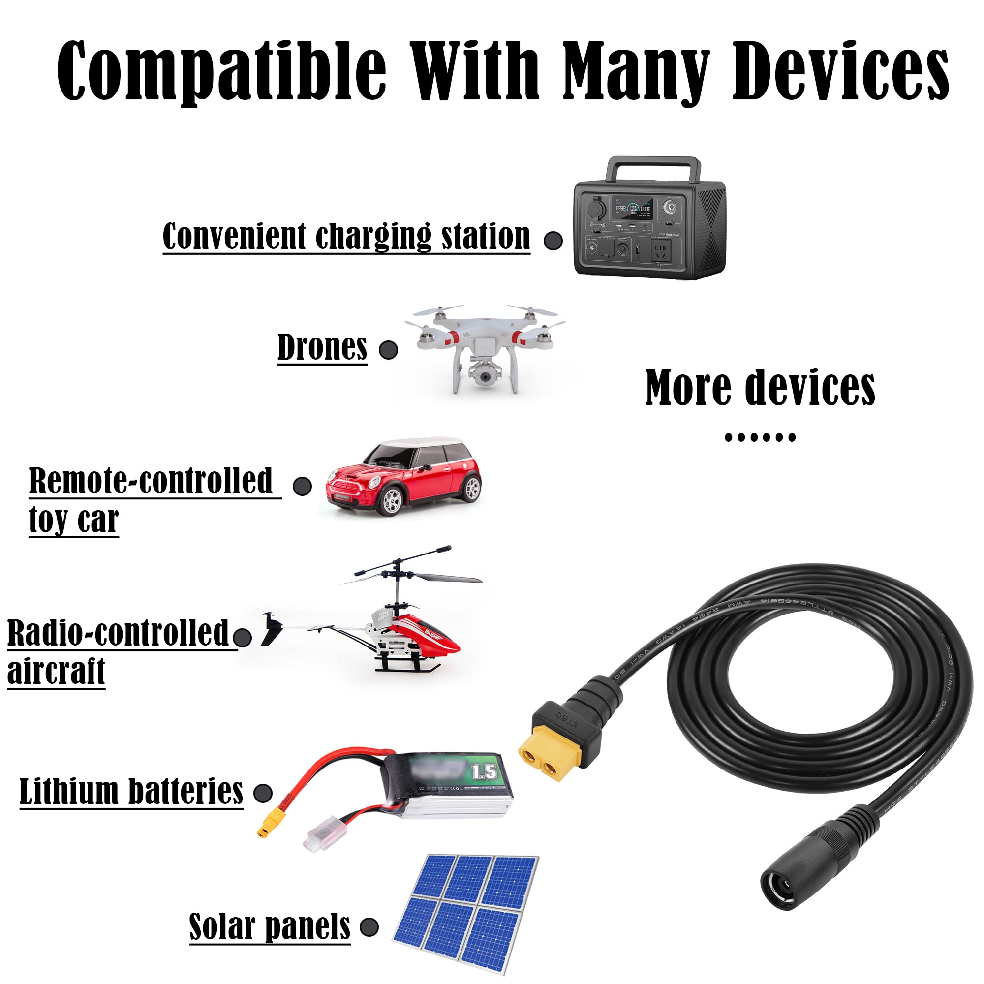 GINTOOYUN 2 PCS DC8020 to XT60 Power Cable 14AWG DC8mmx2.0mm Female to XT60 Female Power Cord for Solar Panel, Portable Charging Station,etc(59Inch)