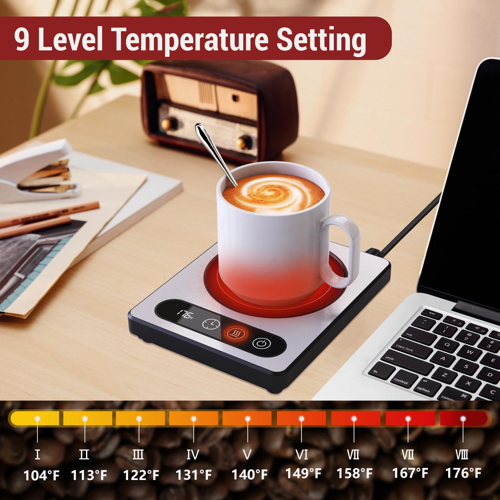 Mug Warmer, Coffee Mug Warmer with LED Display Touch Screen, 9 Temperature Settings Coffee Warmer, 2-12h Timing Mode of Mug Warmer for Desk, Multifunctional Cup Warmer for Milk, Coffee, Tea, Candle