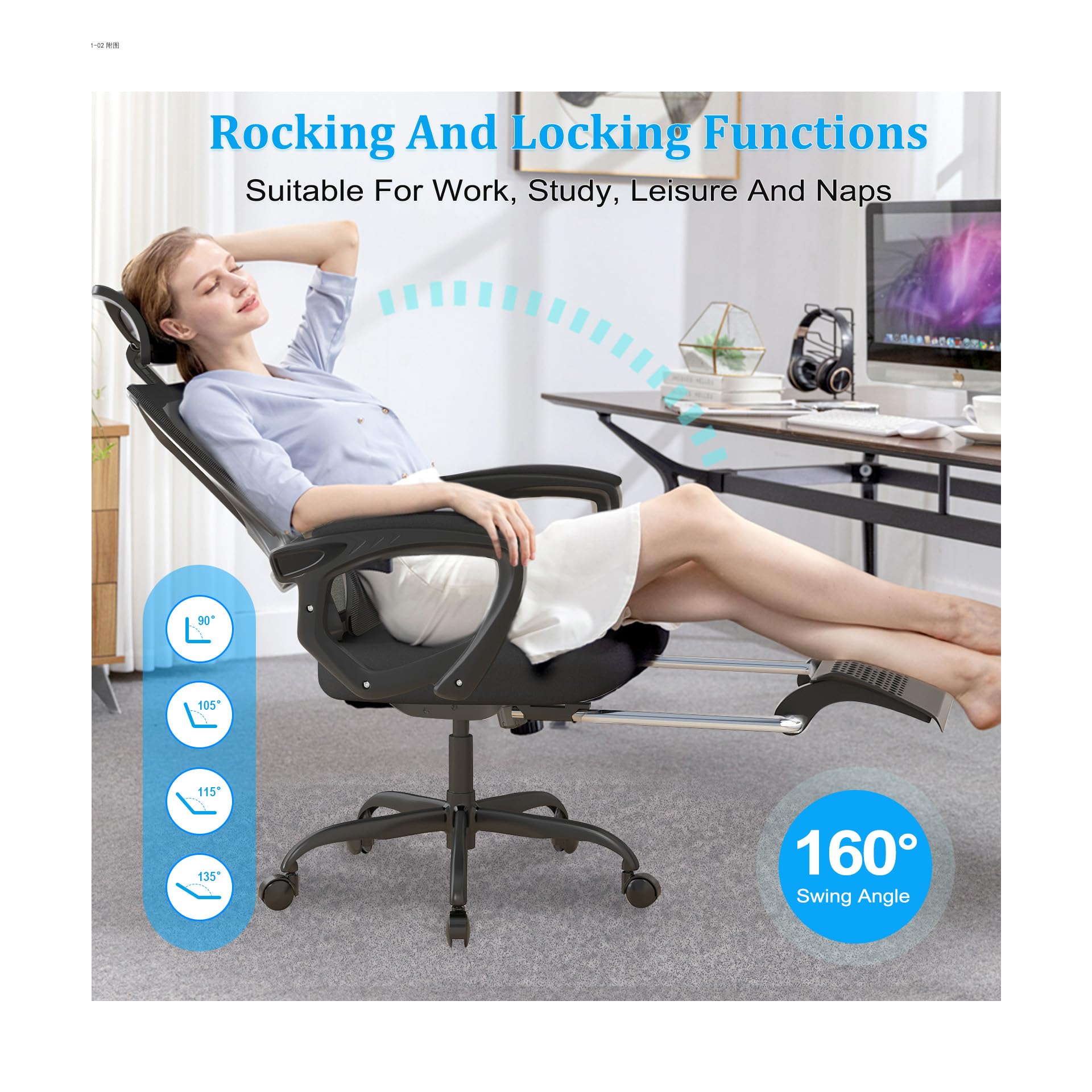 Ergonomic Office Chair, Reclining High Back Mesh Chair, Computer Desk Chair, Swivel Rolling Home Task Chair with Lumbar Support Pillow, Adjustable Headrest, Retractable Footrest and Padded Armrests