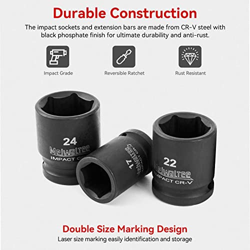 Meiwaltee 1/2-Inch Drive Metric Shallow impact Socket Set,16 PCS Metric 10-24mm Set,Includes 72-Tooth Ratchet and 3'' Extension Bar,Cr-V, 6 Point