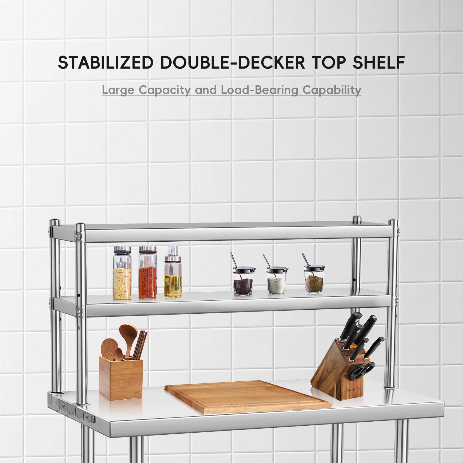 MOVECOM Stainless Steel Table with Overshelves, 48" X 24" Commercial Work Table with 48" X 12" Shelf, Metal Kitchen Prep Table & Shelving Combo